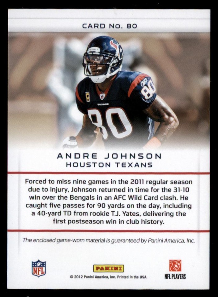 2012 Panini Prestige Gamers Materials Andre Johnson Houston Texans #80 ...
