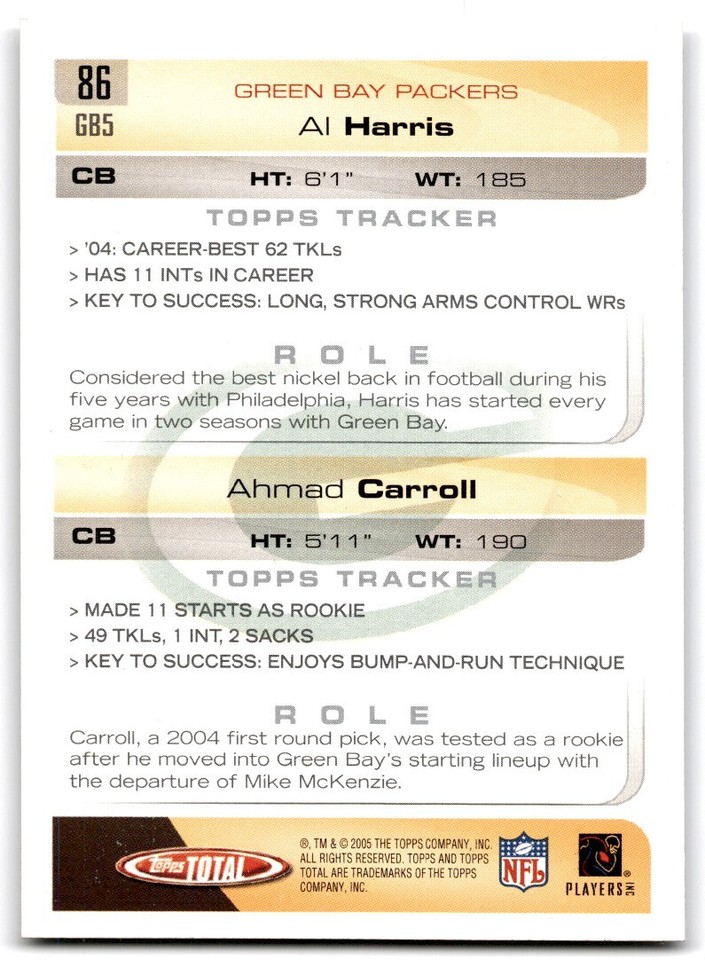 2005 Topps Total Silver Al Harris/Ahmad Carroll Green Bay Packers #86 ...