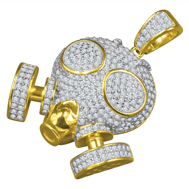 Mens Yellow Gold On Real Silver Iced 3D Gas Mask Pendant Charm | eBay