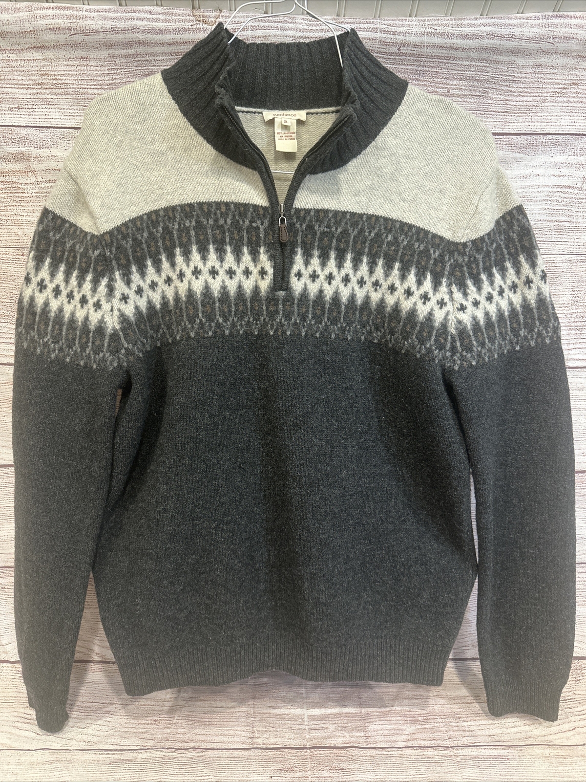 Sundance Men's 100% Lambswool Knit 1/4 Zip Sweater Grey / Cream Mens XL ...