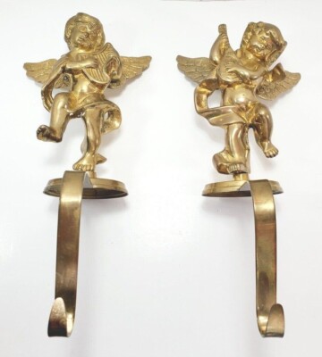 VTG Lot TWO (2) Large Brass Angel Christmas Stocking Hangers Made in ...