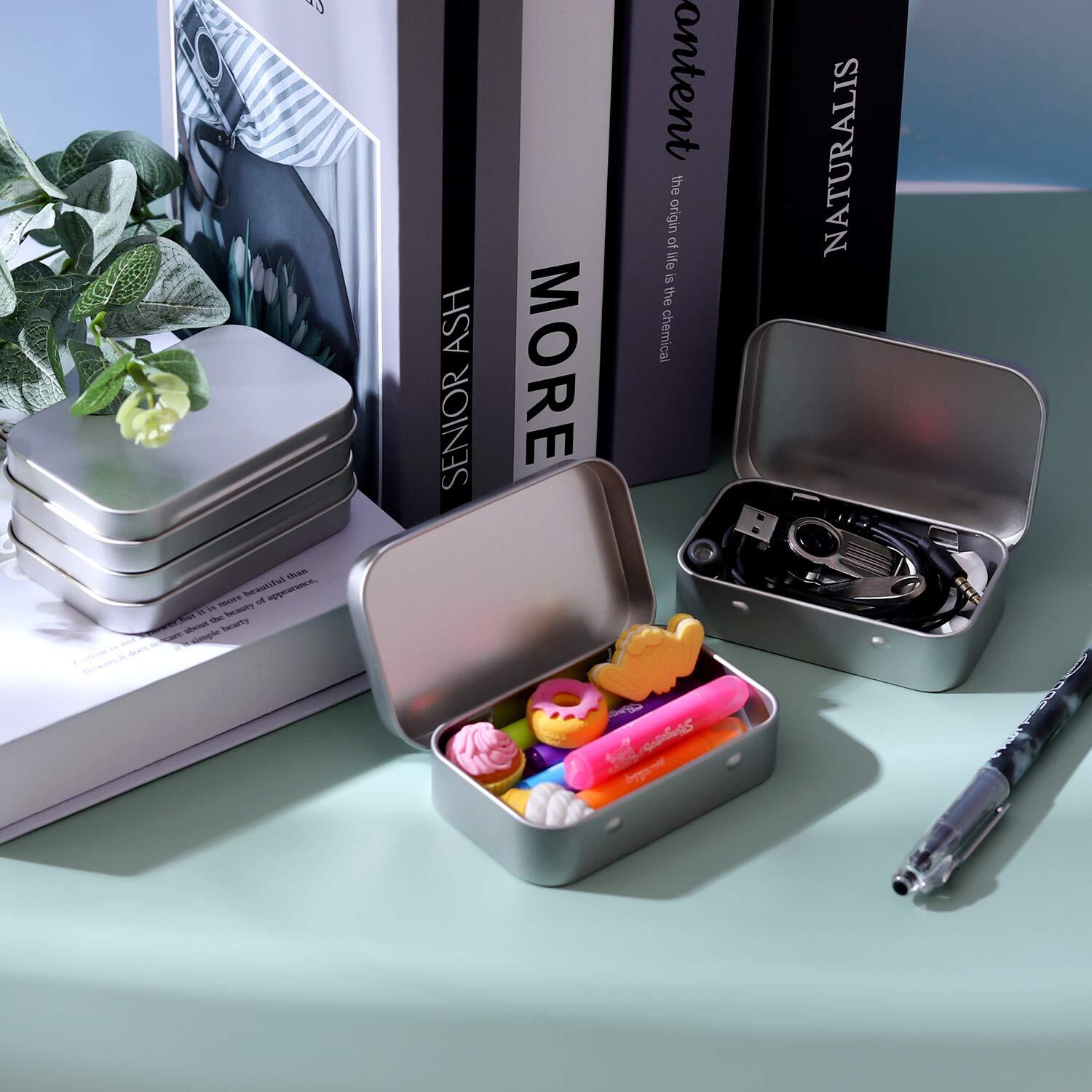 Metal Rectangular Empty Hinged Tins - Pack of 40 Silver Mini Portable ...