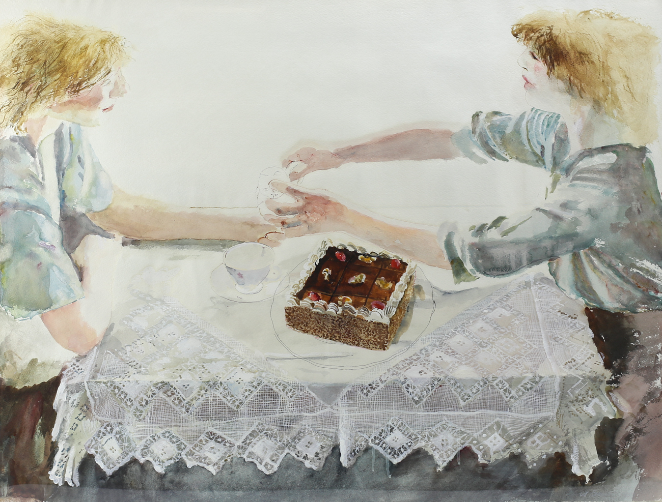 David Remfry (American British, 1942) Watercolor Two Women Having Cake ...