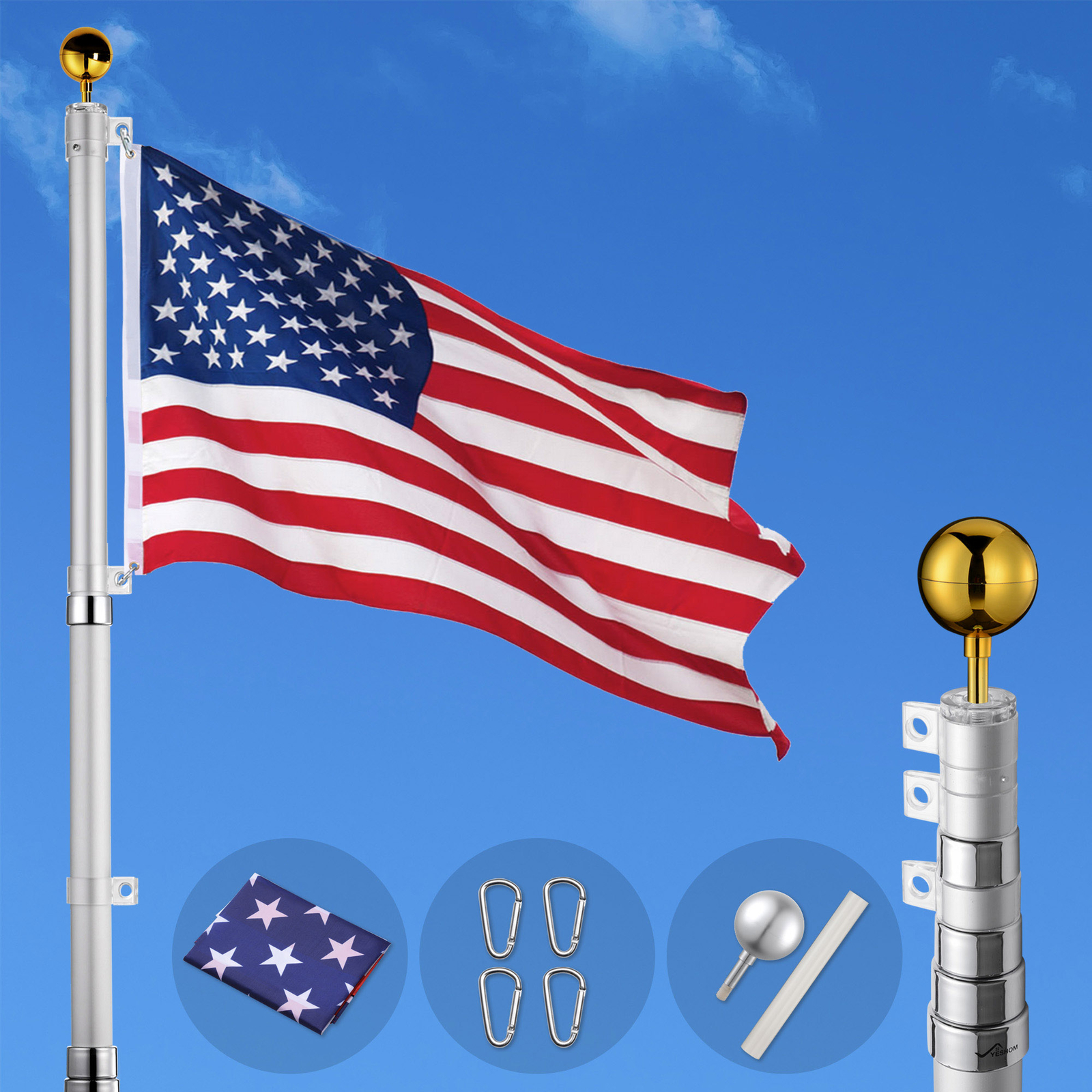 Apluschoice 25 Ft Flag Pole Aluminum Telescopic Flagpole Kit Flag Ball ...