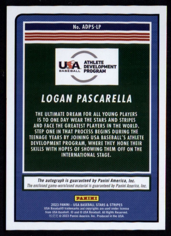 2023 PANINI USA LOGAN PASCARELLA Auto Clothing #ADPS-LP | eBay