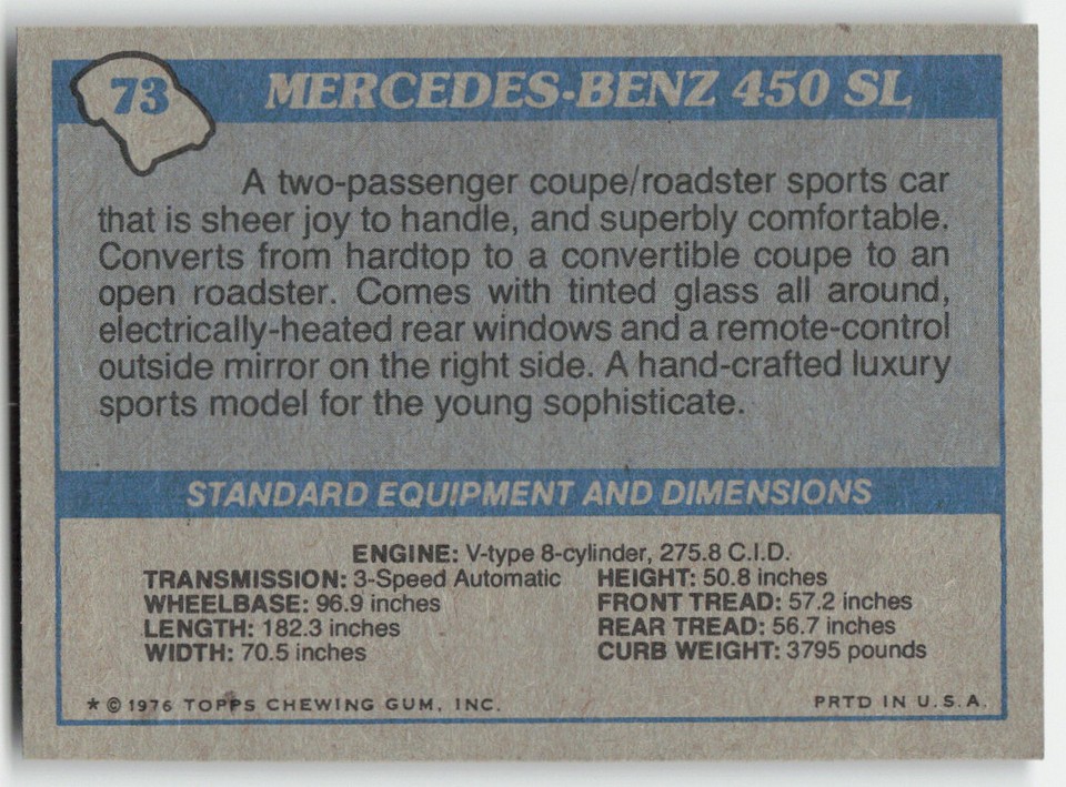 1976 Topps Autos of 1977 Mercedes-Benz 450 SL Card #73 | eBay