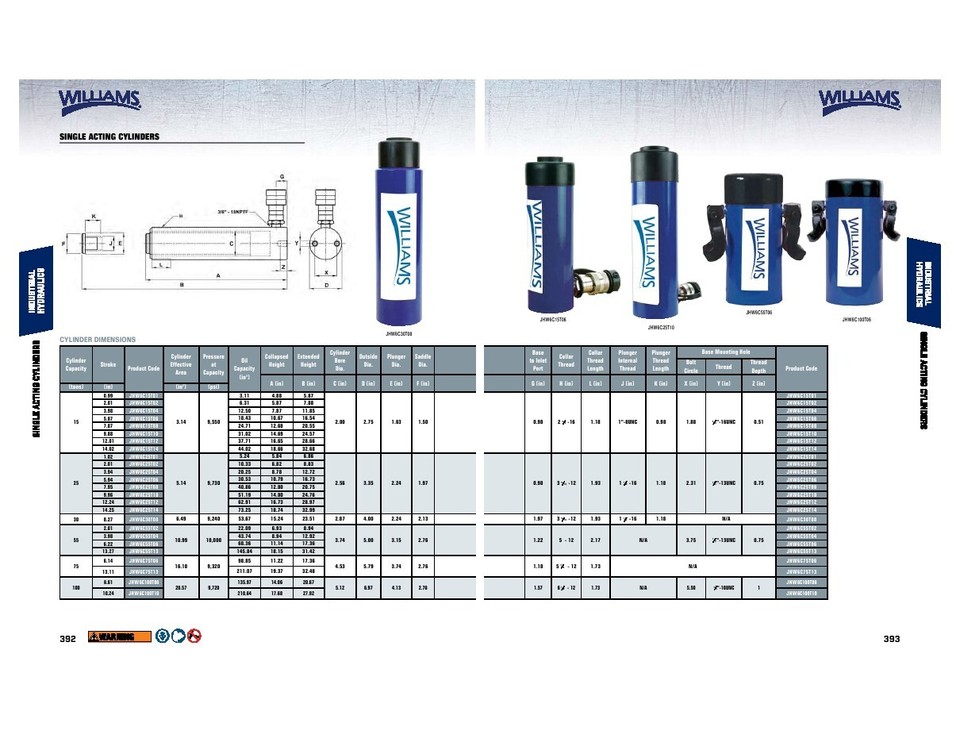 15 Ton Single Acting Hydraulic Ram/Cylinder 5.87" Stroke Williams ...