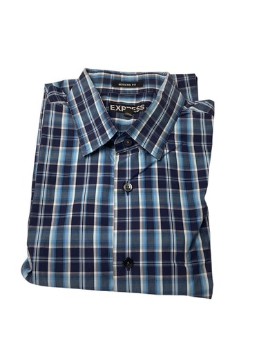 Express Mens Modern Fit Button Up Long Sleeve Shirt Checks Blue Size L ...