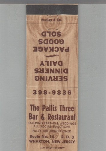 Matchbook Cover The Pallis Three Bar & Restaurant Wharton, NJ | eBay