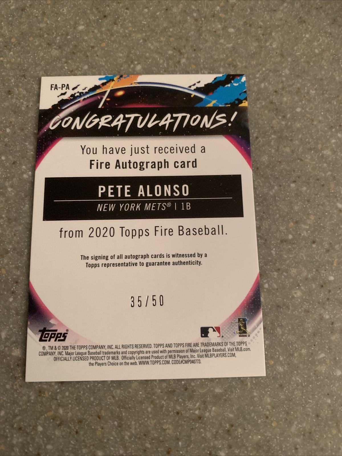2020 topps fire baseball Pete Alonso Autograph/50. | eBay