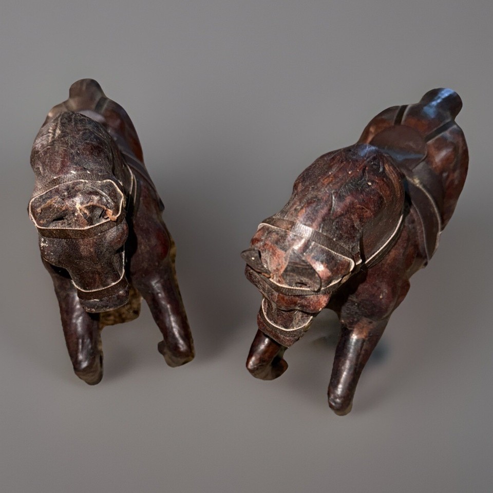 2 Mid 20th Century Hand Crafted Leather Wrapped Chestnut Horses Statue ...