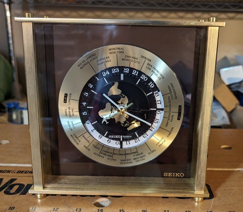 Vintage Seiko World Time clock, brass Seiko desk clock, International ...