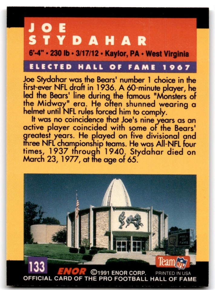 1991 ENOR Pro Football HOF Joe Stydahar Chicago Bears #133 | eBay