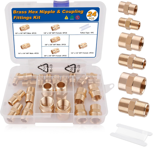 24PCS Brass Pipe Fittings Brass Hex Nipple Hex Coupling Kit 1/8" to 1/8 ...