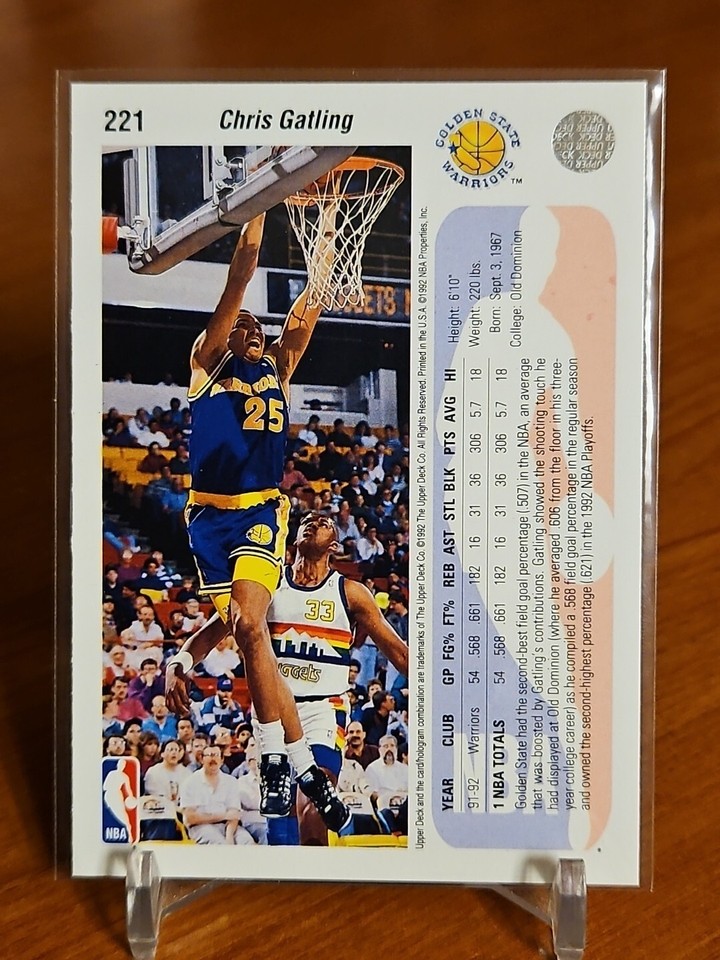 1992-93 Upper Deck Basketball Card Chris Gatling Golden State Warriors ...