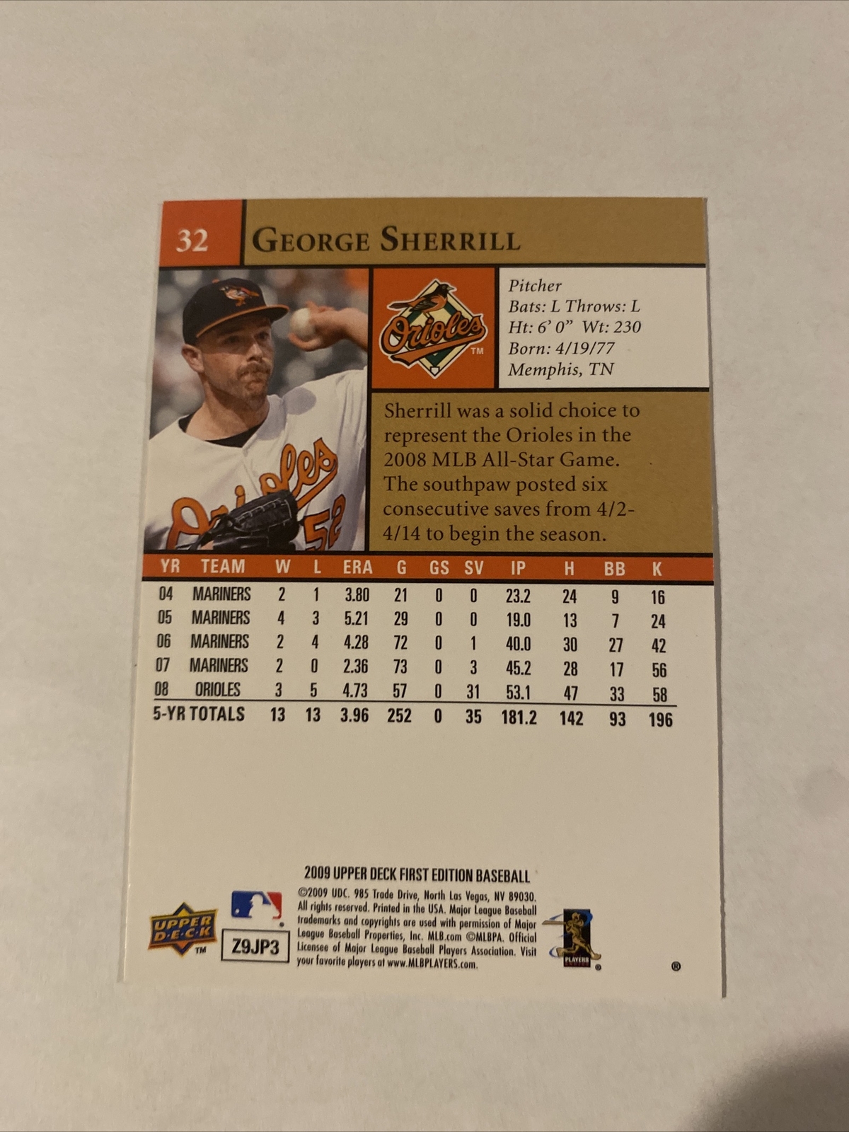 2009 (ORIOLES) Upper Deck First Edition #32 George Sherrill Autographed ...
