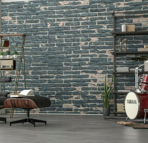 Black brick wallpaper mural rustic effect full photo wall backdrop ...