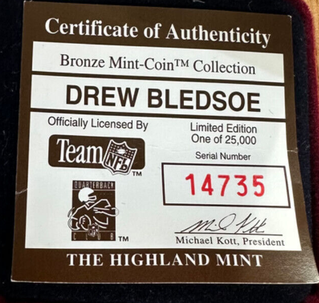 Drew Bledsoe Highland Mint Bronze Coin Limited 25K with COA Velvet Case ...