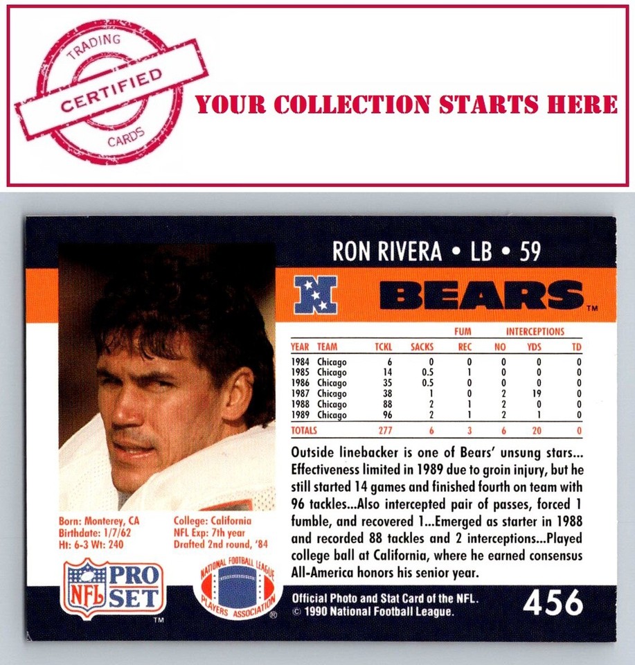 1990 Pro Set #456 Ron Rivera Chicago Bears | eBay