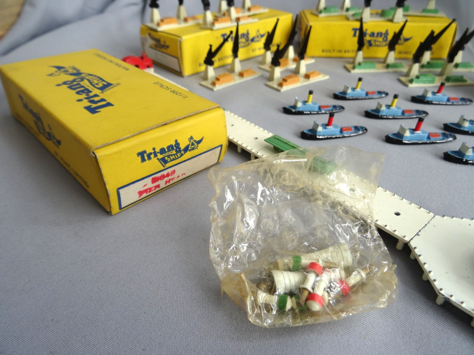 Collection of Vintage Triang Minic Ships inc HMS Bulwark, Tugs, Pier ...