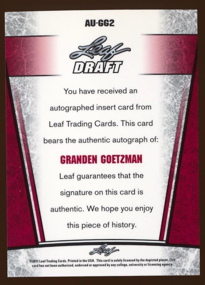 2011 LEAF DRAFT BASEBALL GRANDEN GOETZMAN #AU-GG2 RC ROOKIE AUTO ...