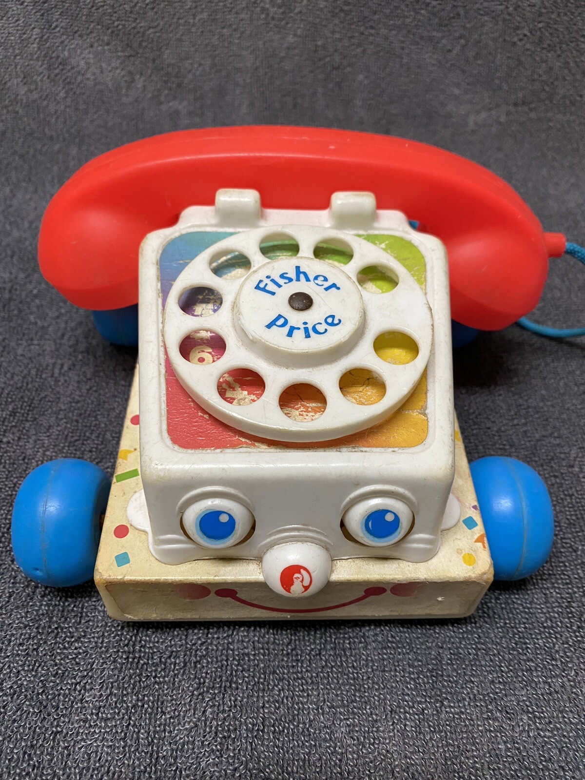 VTG 1961 Fisher Price Wooden Chatter Phone Rotary Pull Toy Rolling Eyes ...