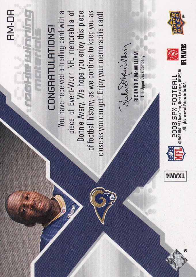 2008 SPx Rookie Materials SPX Dual 199 Football Card #RMDA Donnie Avery ...