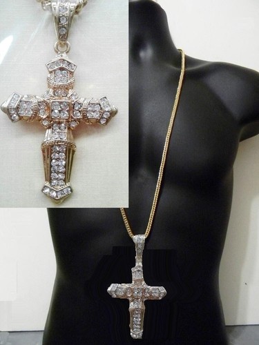 Crystal Rap Style Gold Cross Pendant Franco Chain Necklace Hip Hop | eBay