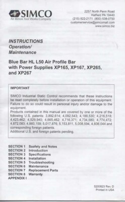 Owner Manual SIMCO Blue Bar HL L50 Air Profile Power Supply XP165-XP167 ...