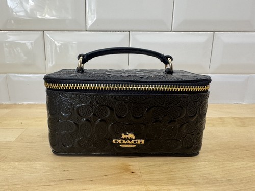 Coach Mini Vanity Jewelry / Make Up Case Black Leather With Embossed ...