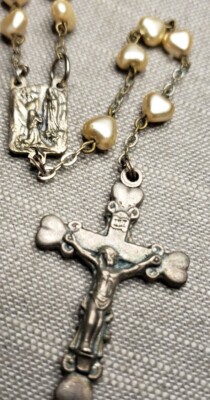 Vintage Rosary Fatima pearl heart beads Mary Catholic G48 | eBay