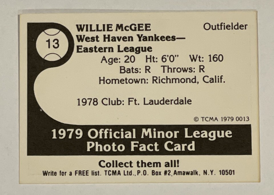 1979 West Haven Yankees TCMA #13 Willie McGee Richmond California ...