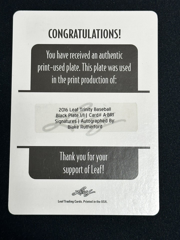 Blake Rutherford Auto RC 2016 Leaf Trinity Black Printing Plate 1/1 #A ...