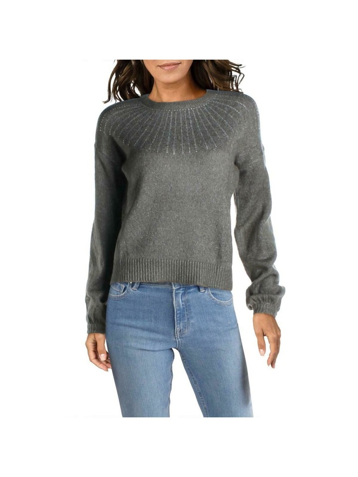 AQUA Womens Gray Rhinestone Long Sleeve Crew Neck Sweater XS | eBay