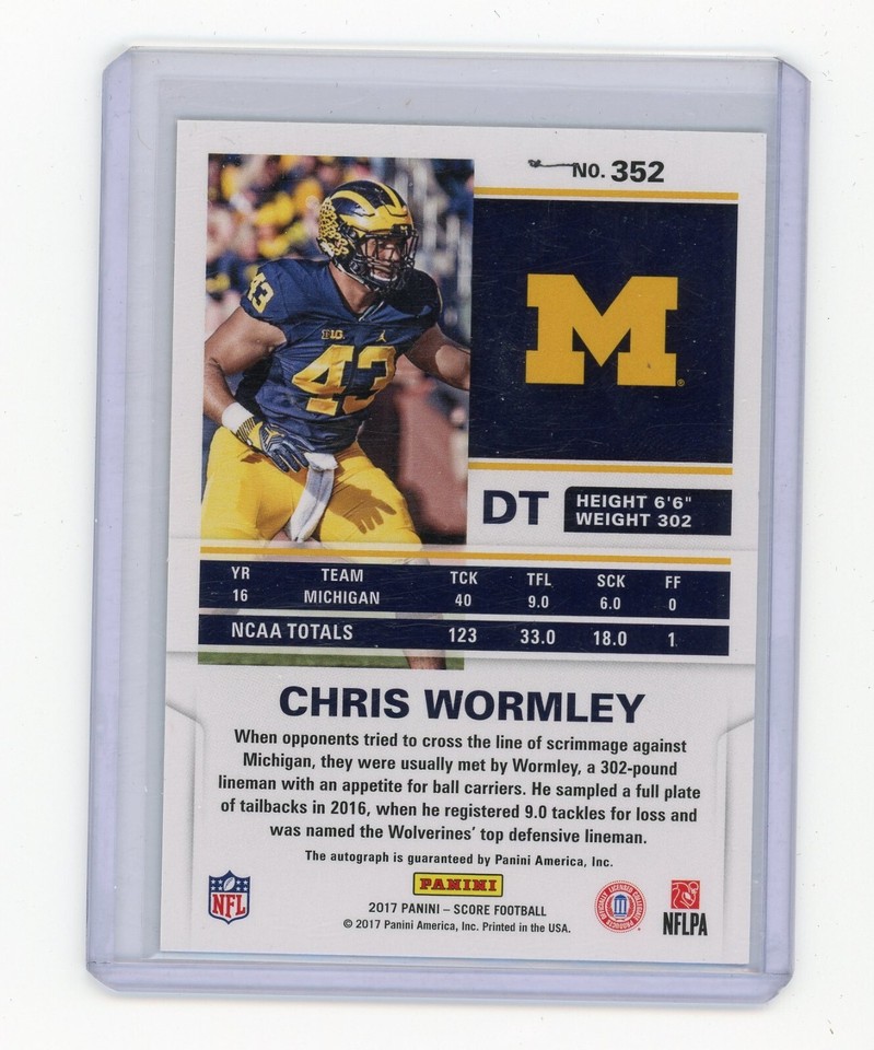 2017 Panini Score Football CHRIS WORMLEY RC Gold Zone Auto #d 21/50 | eBay