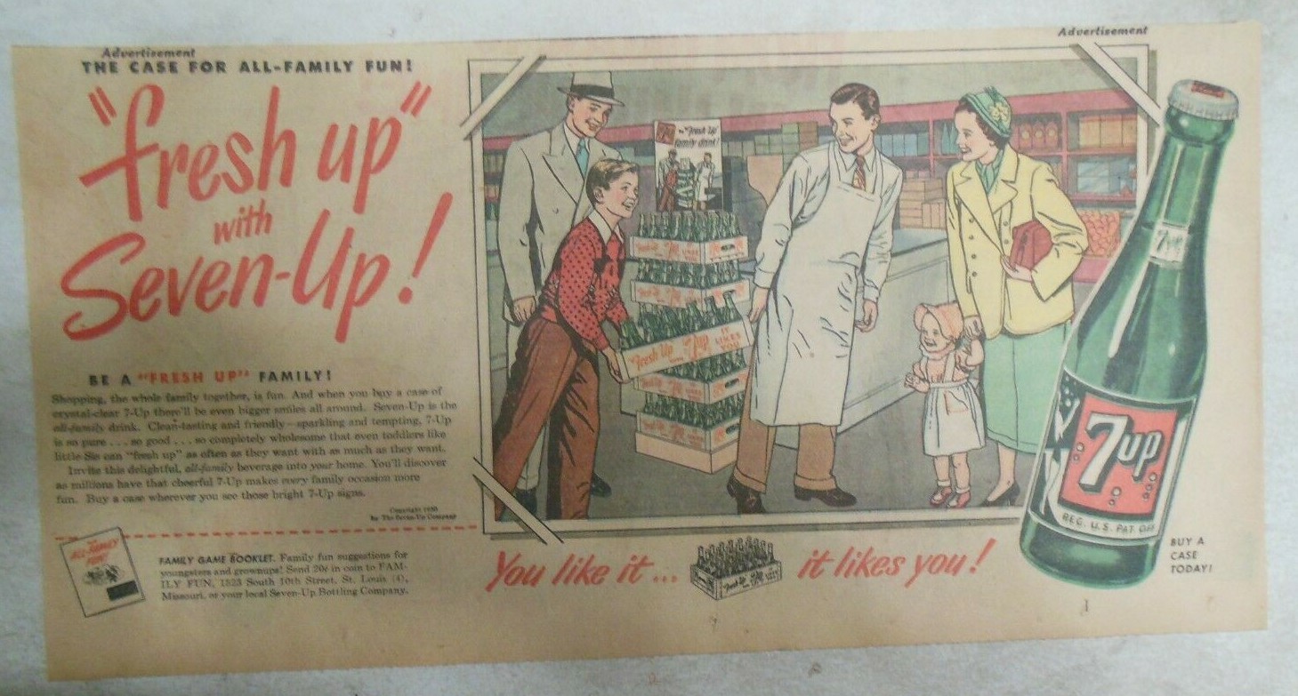 7-Up Ad: Fresh Up With Seven-Up! Stock Up ! from 1940's 7.5 x 15 inches ...