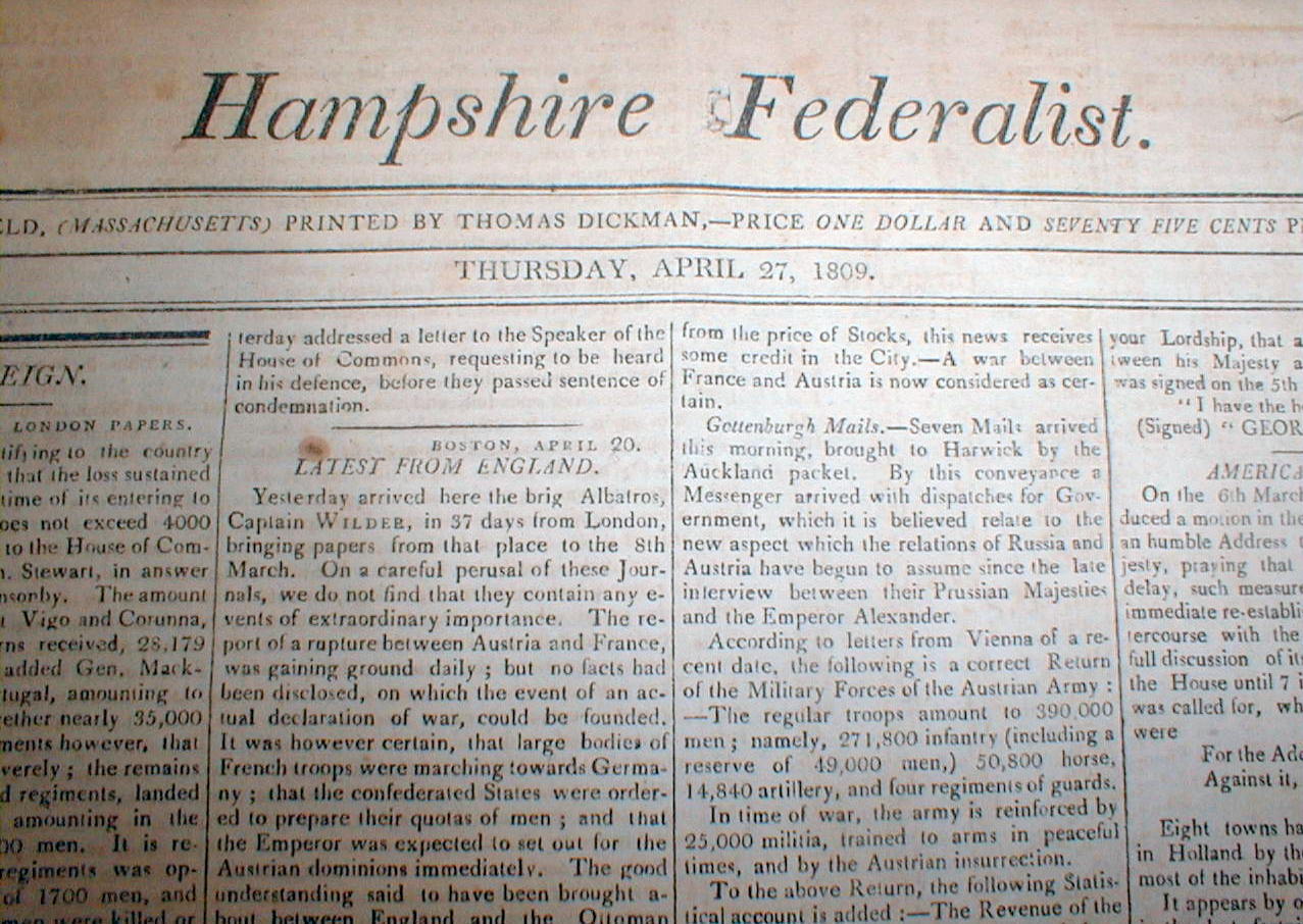 1809 Springfield MA newspaper PRESIDENT JAMES MADISON PROCLAMATION ...