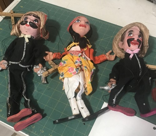 3 Vtg Mexican Folk Art String Puppets Marionettes Gunslinger Dancer ...