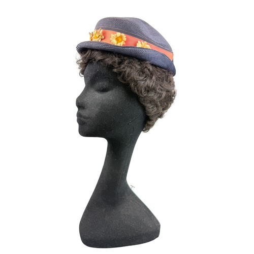 Vintage Michael Roy Womens Navy Blue Straw Hat Coral Ribbon Flowers ...