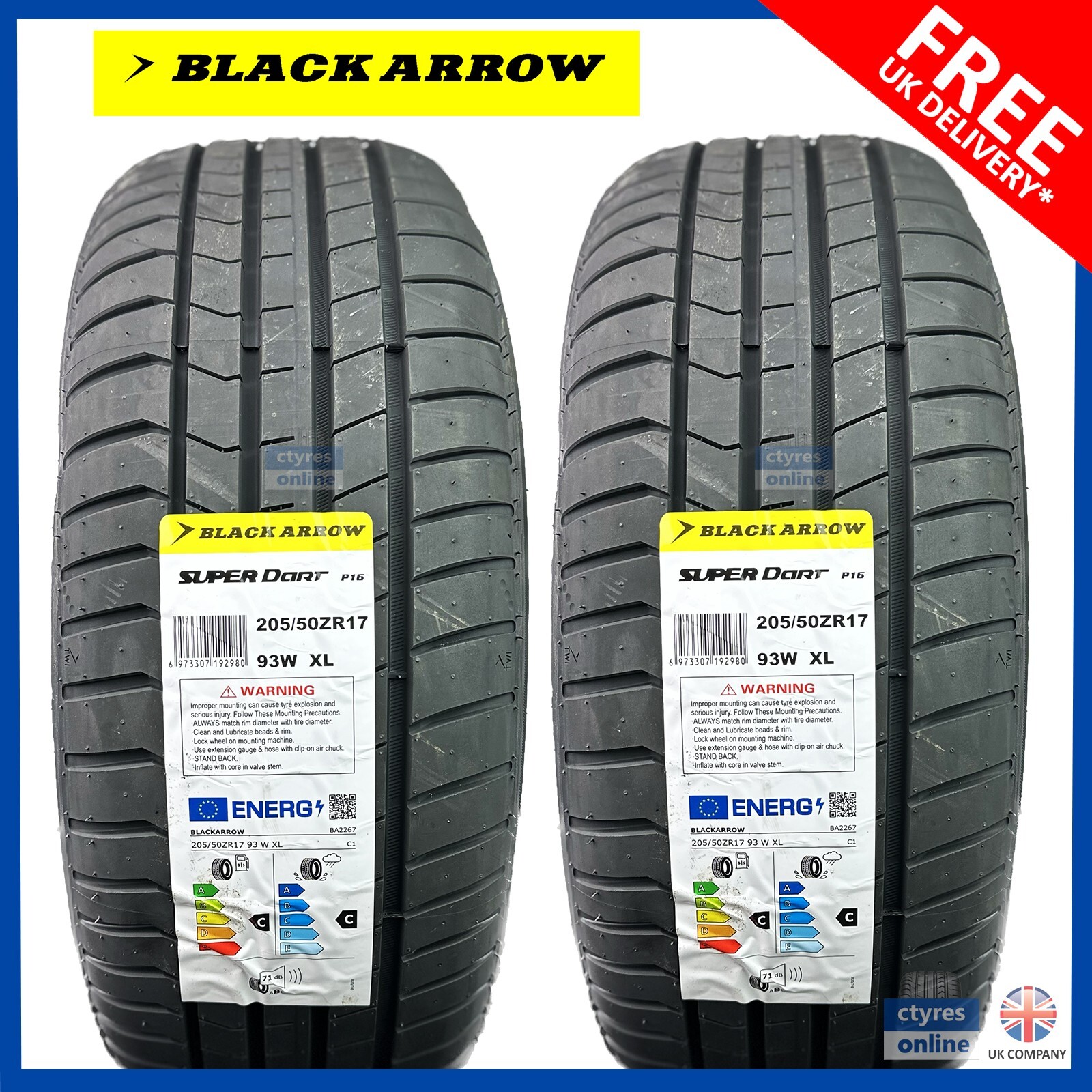 2 X New 205 50 17 BLACKARROW P16 93W XL 205/50R17 2055017 *C/C RATED ...