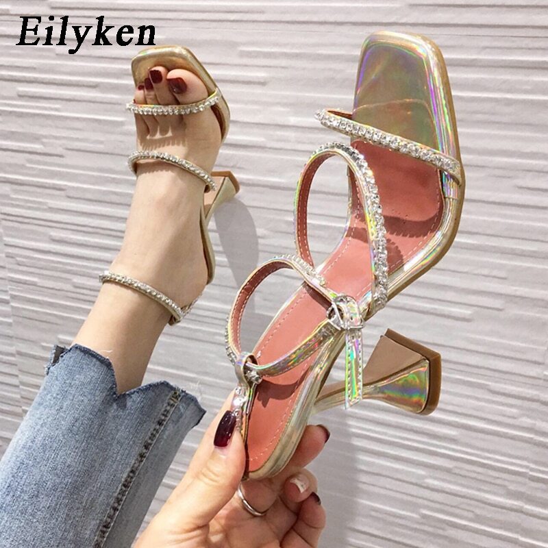 Square Toe Woman Sandals Crystal Diamond PU Leather Ankle Buckle Strap ...