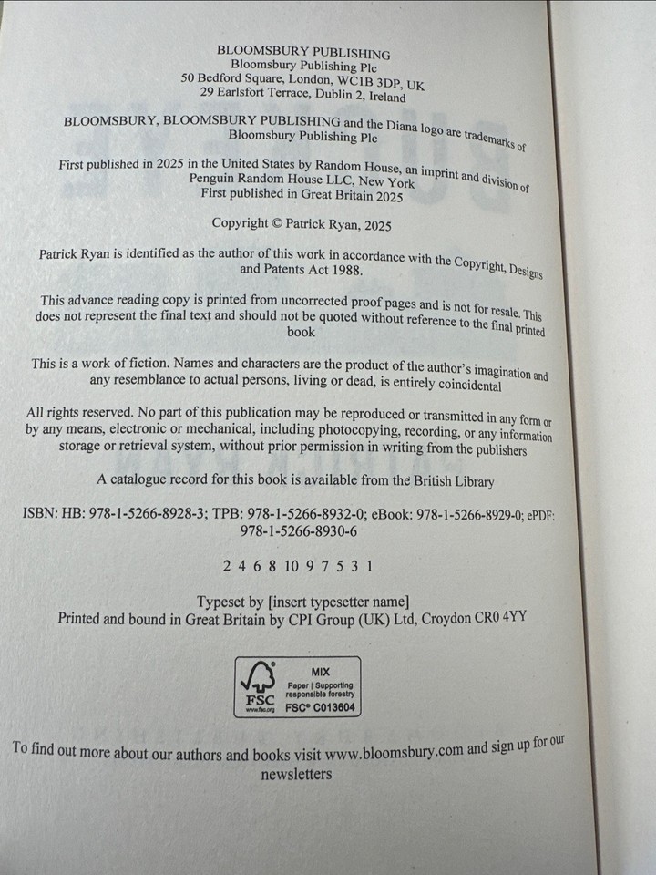 Buckeye: A Novel by Patrick Ryan 2025 UK Proof - Bloomsbury | eBay UK