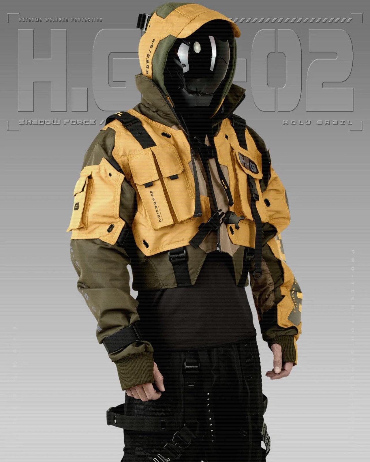 Men's Techwear Yellow Jacket Hoodie Full Zip Buckle Holygrail H.G.C-02 ...