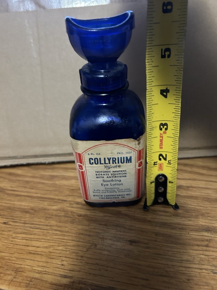 VINTAGE Apothecary Bottle COLLYRIUM EYE WASH MED BOTTLE COBALT EYE CUP ...