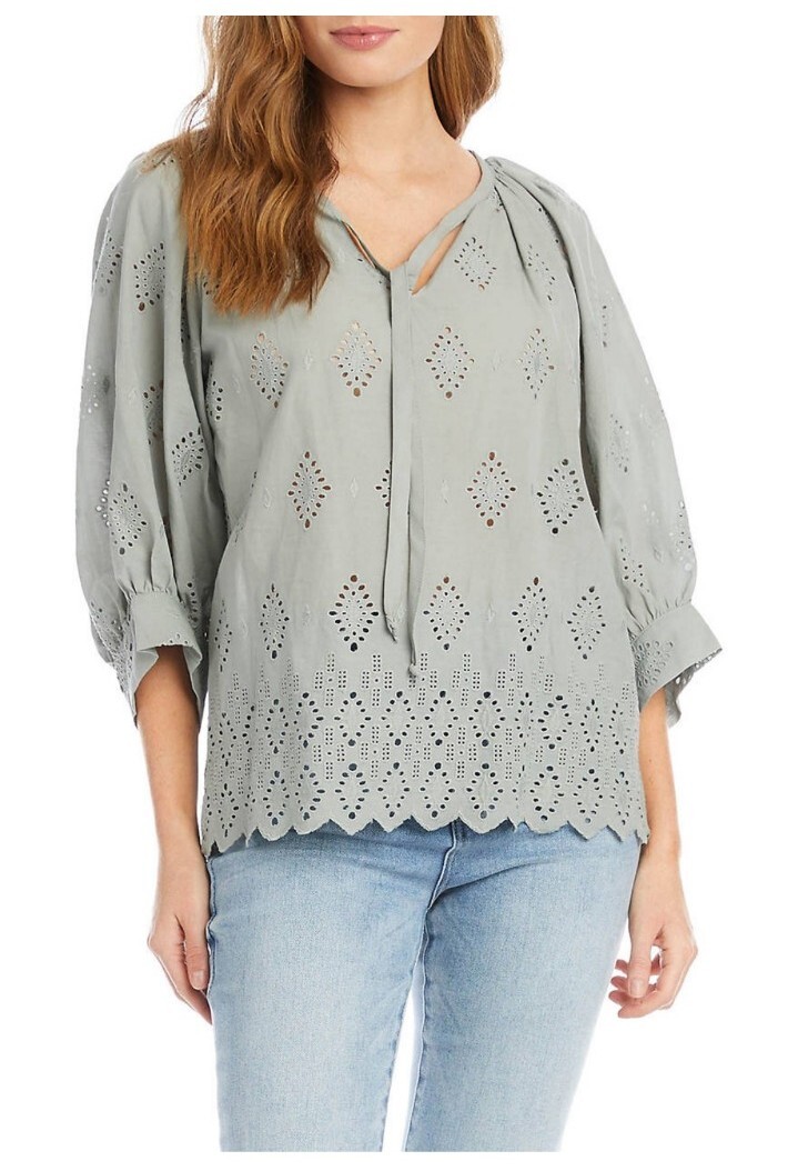New Karen Kane Eyelet Peasant Top Billowy blouson sleeves Faded Olive ...