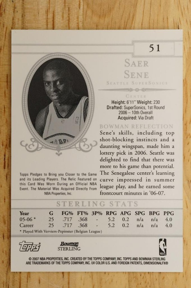 2006-07 NBA Basketball Card Bowman Sterling Saer Sene #51 Rookie RC ...