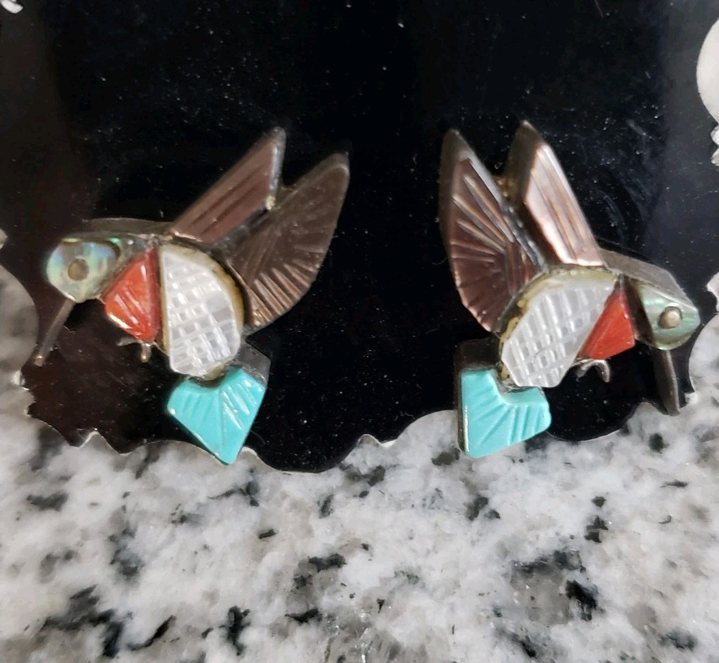Zuni Hummingbird Stud Earrings Sterling Multi Stone A… - Gem