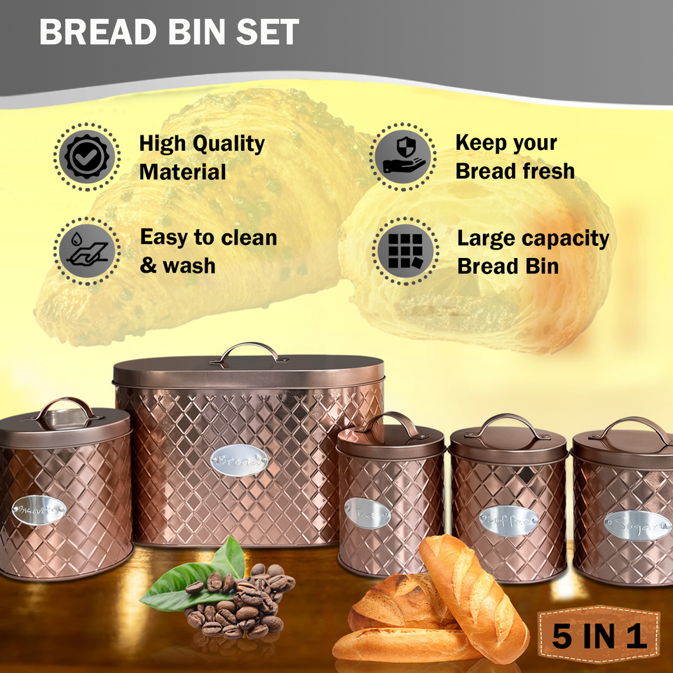 5Pcs Kitchen Bread Bin Storage Tins Canister Set Airtight Lid Tea ...