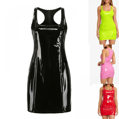 Womens Slinky PVC Leather Wet Look Vinyl Night Club Disco Mini Bodycon ...