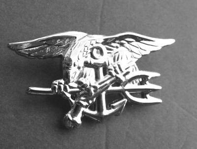US NAVY SEALS SEAL TEAM LARGE SILVER COLORED TRIDENT PIN BADGE 2.75 ...